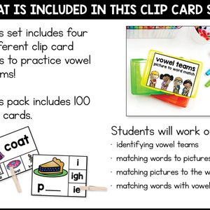 Vowel Teams Clip Cards for Phonics Task Card Boxes, Literacy Centers ...