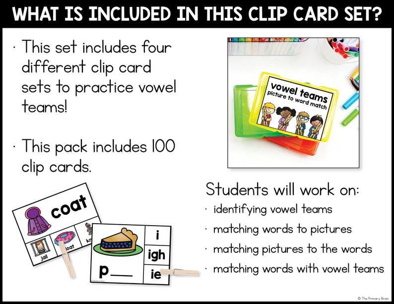 Vowel Teams Clip Cards for Phonics Task Card Boxes, Literacy Centers ...