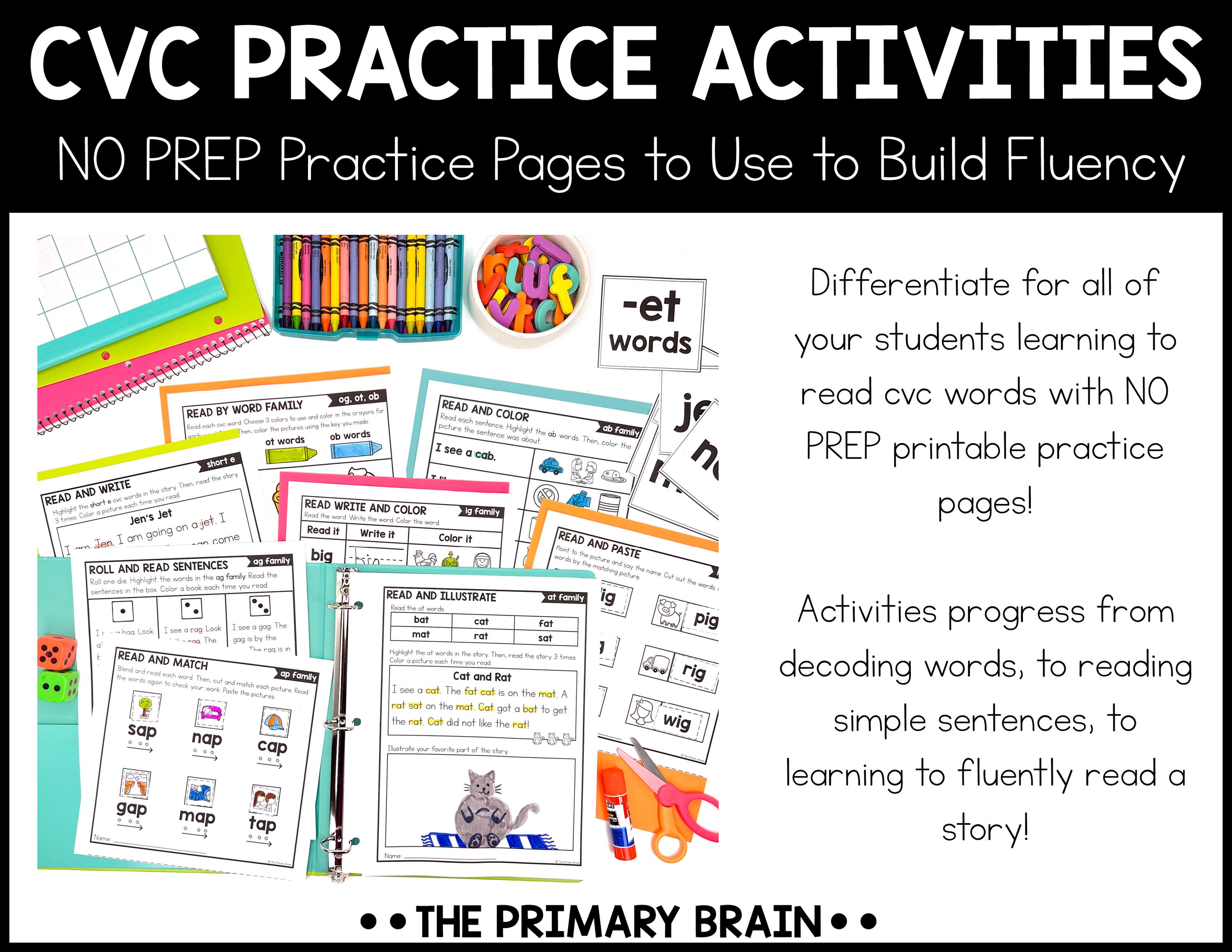 CVC Words Reading Practice Printable Worksheets | NO PREP Phonics ...