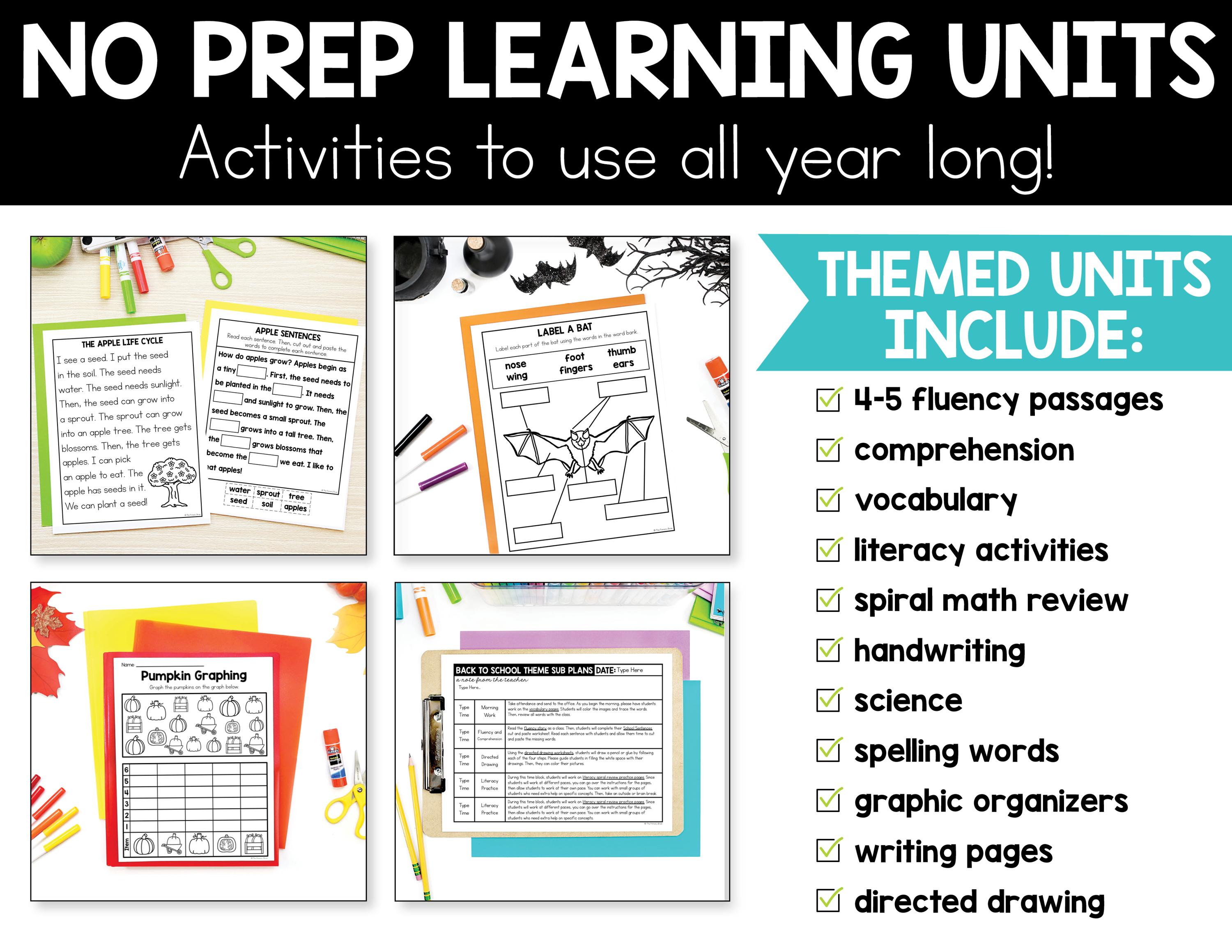 No Prep Activities Packets for First Grade, Thematic Units With One Day ...