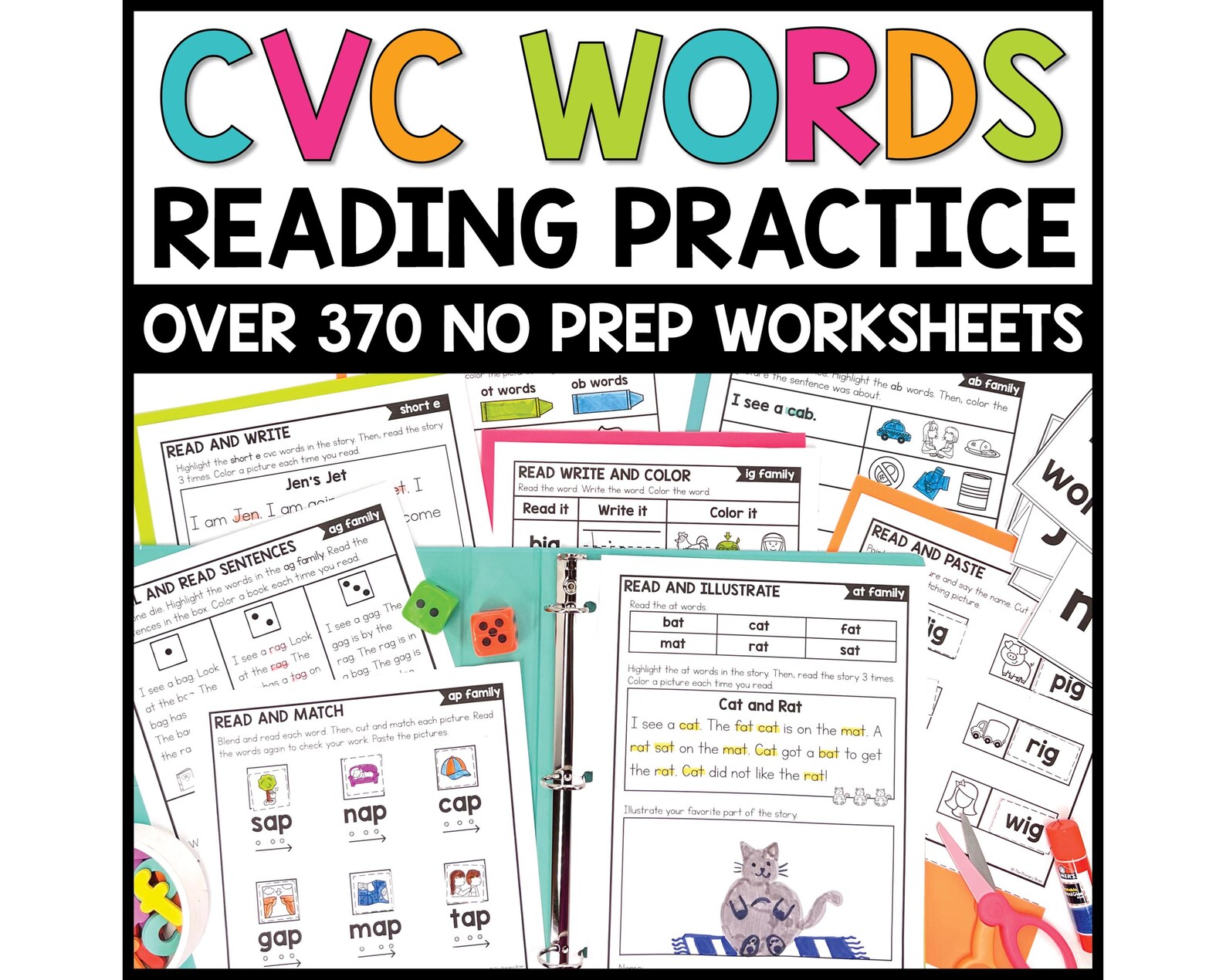 CVC Words Reading Practice Printable Worksheets | NO PREP Phonics ...