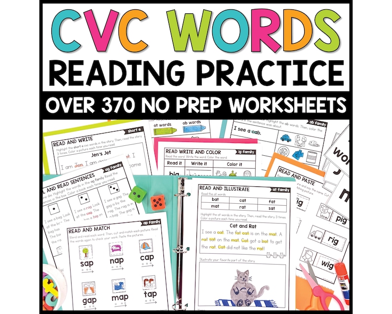 CVC Words Reading Practice Printable Worksheets NO PREP Phonics Fluency ...