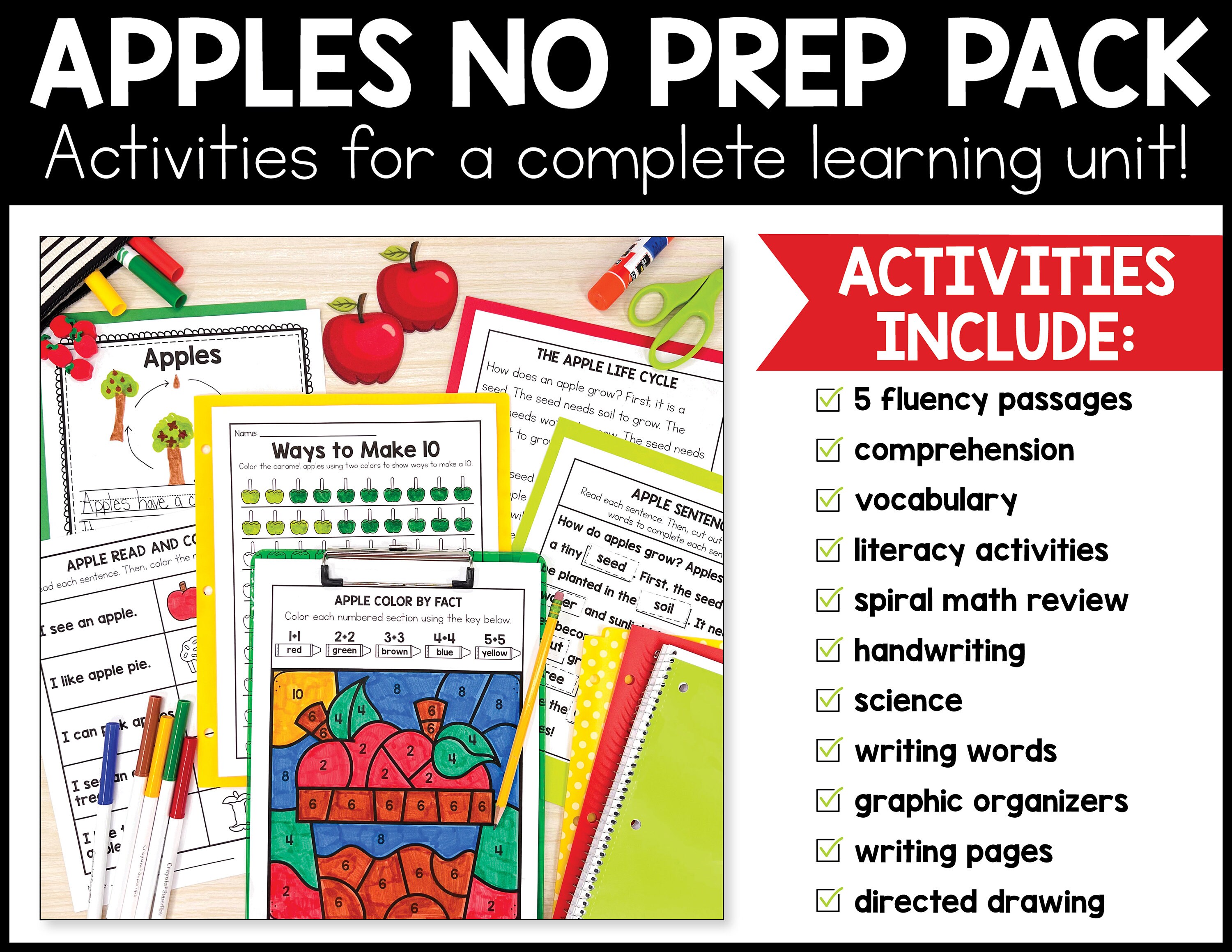 Apple Themed No Prep Activities Packet for Kindergarten and First Grade ...
