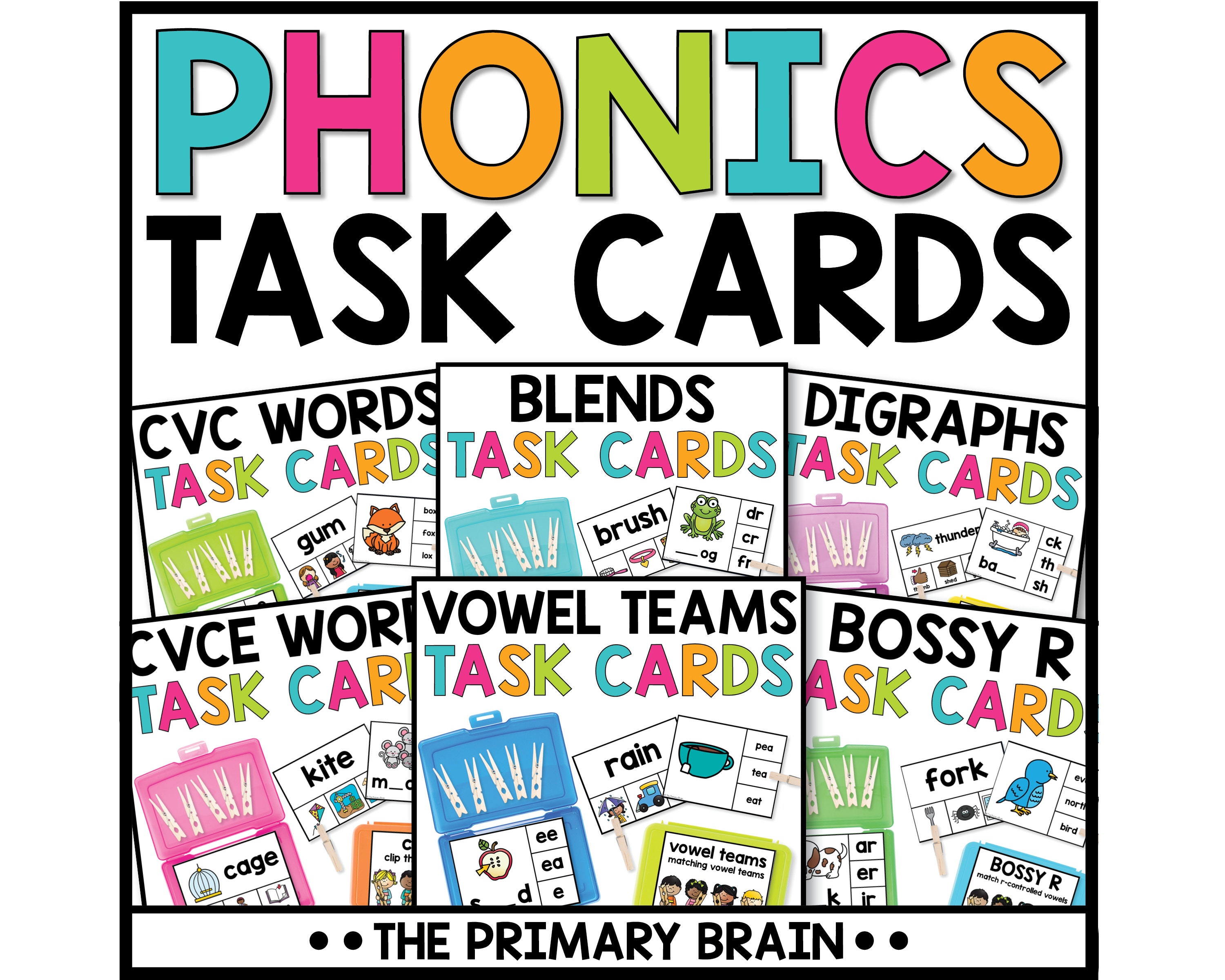 Phonics Clip Cards Bundle: CVC Words, Blends, Digraphs, CVCE, Long ...
