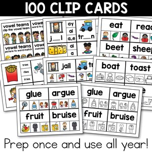 Vowel Teams Clip Cards for Phonics Task Card Boxes, Literacy Centers ...