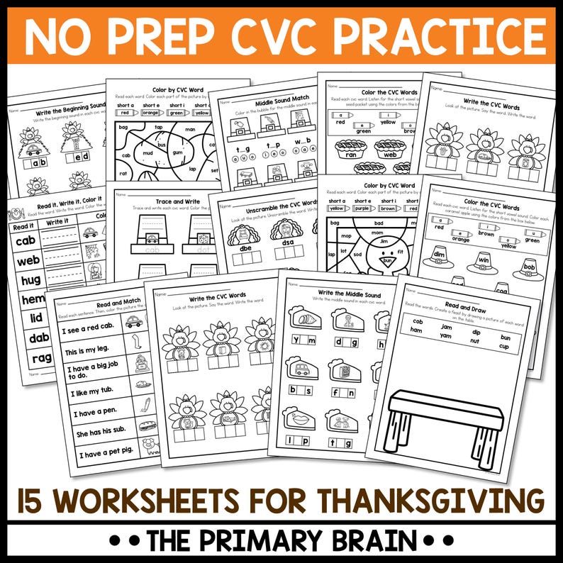 Thanksgiving Themed CVC Words Worksheets | Printable Phonics Practice ...