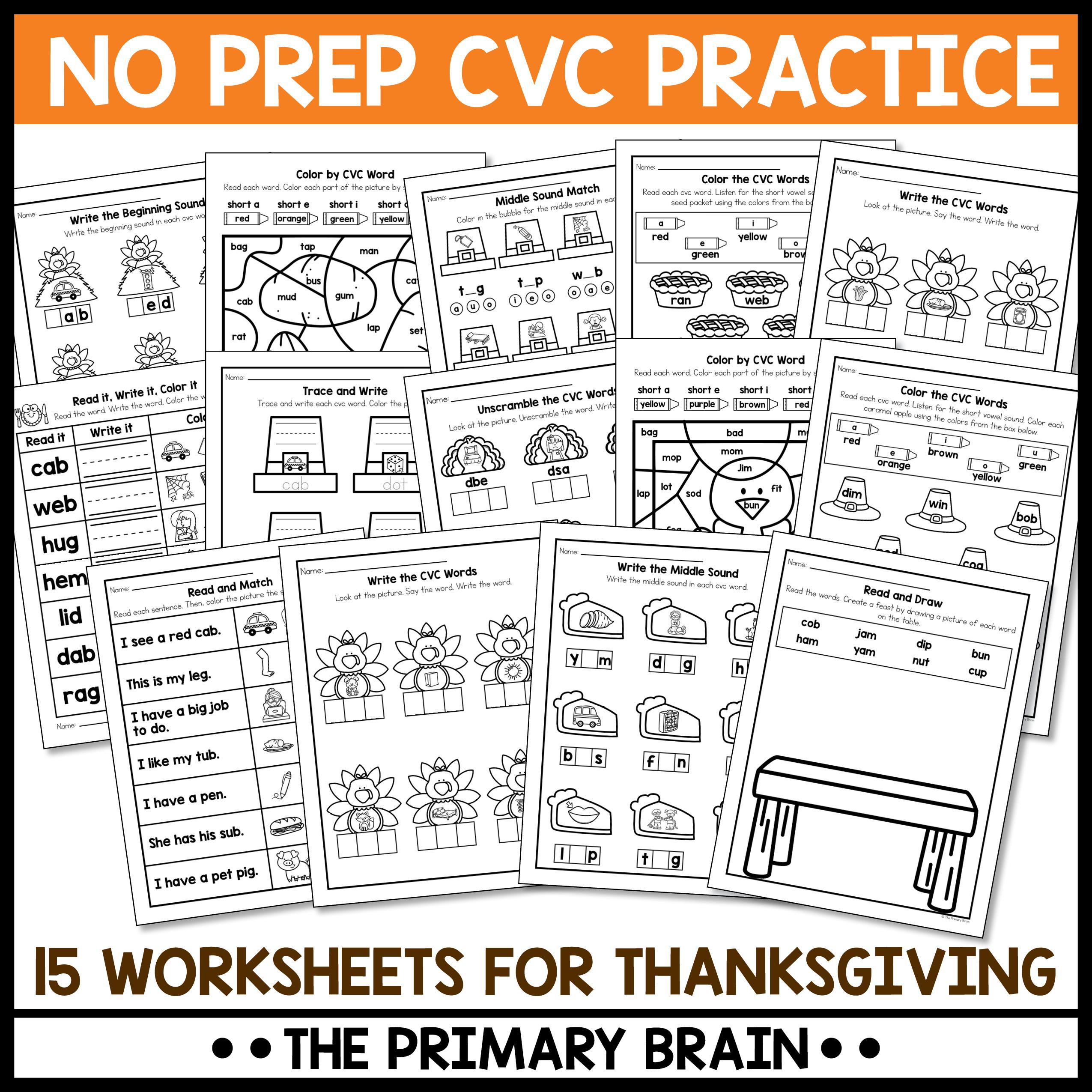 Thanksgiving Themed CVC Words Worksheets | Printable Phonics Practice ...