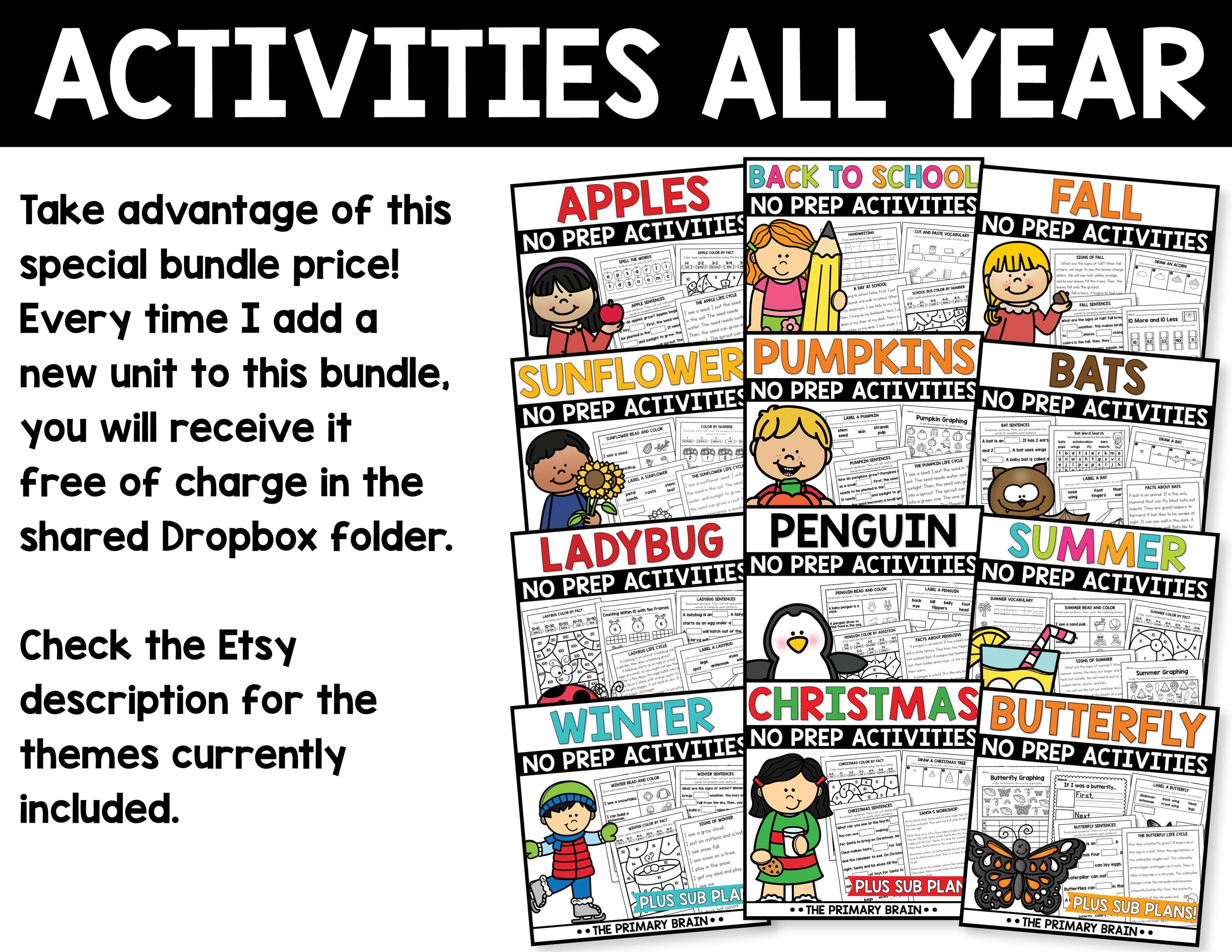 No Prep Activities Packets for First Grade, Thematic Units With One Day ...