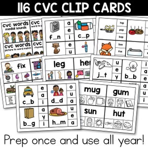 CVC Words Clip Cards for Task Card Boxes, Literacy Centers Activities ...
