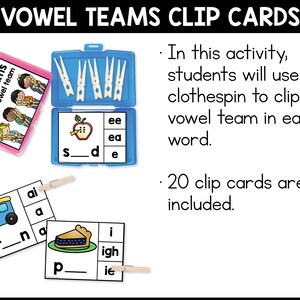 Vowel Teams Clip Cards for Phonics Task Card Boxes, Literacy Centers ...
