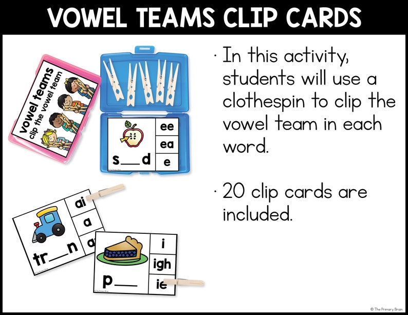 Vowel Teams Clip Cards for Phonics Task Card Boxes, Literacy Centers ...