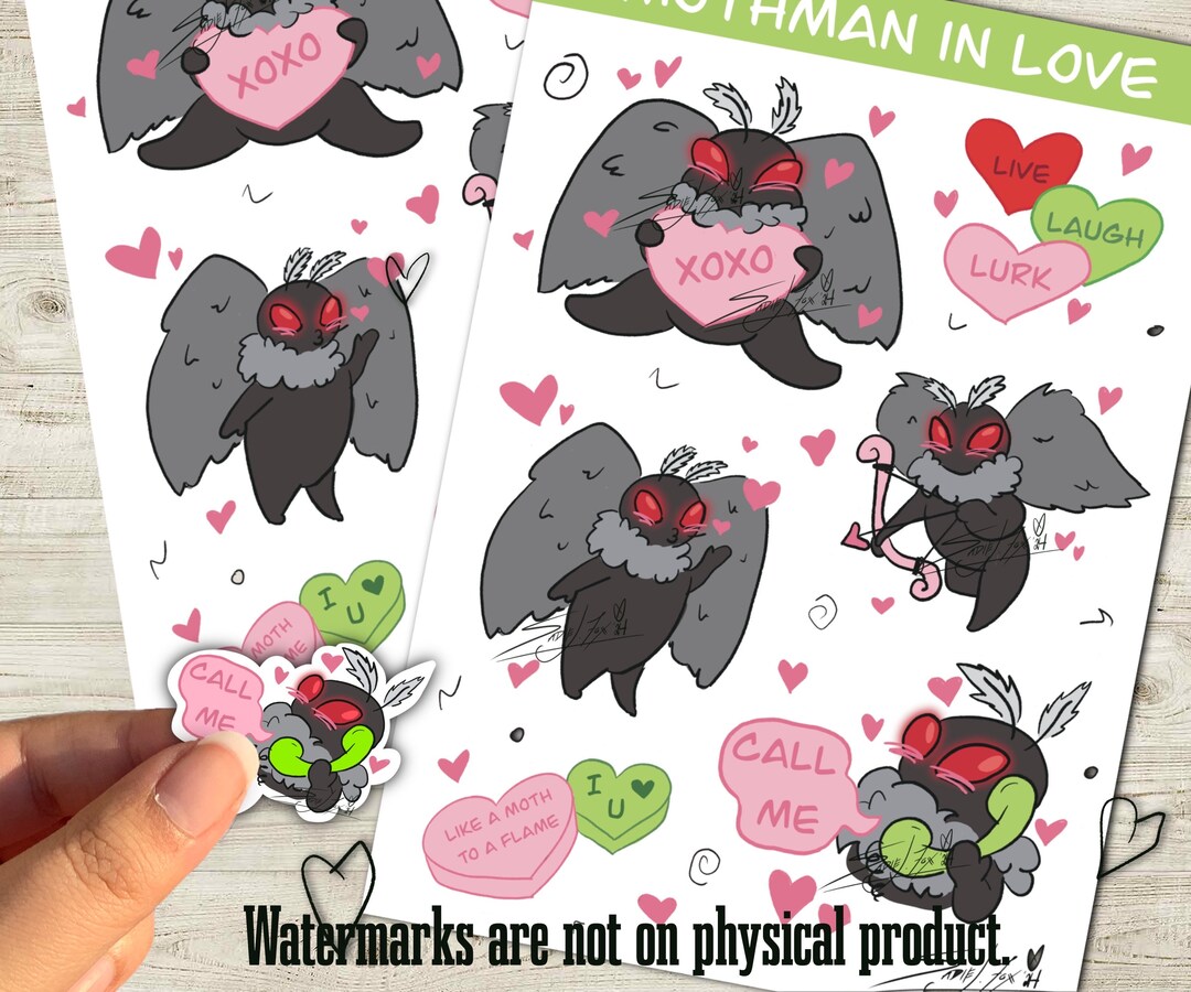Mothman in Love Sticker Sheet, Cryptid Valentine Planner Stickers ...