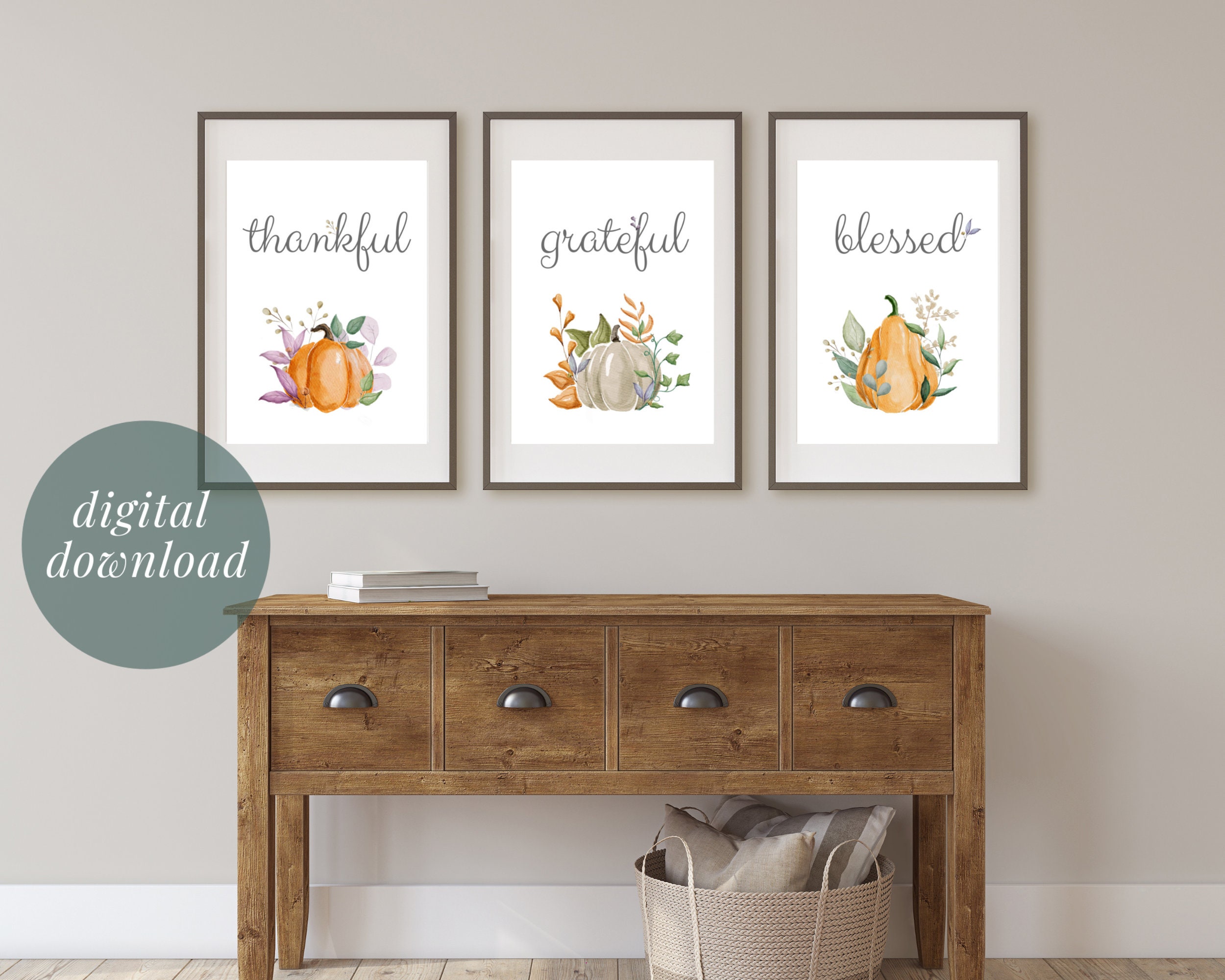 Set of 3 Thanksgiving Printable Wall Art | Thankful Grateful Blessed ...