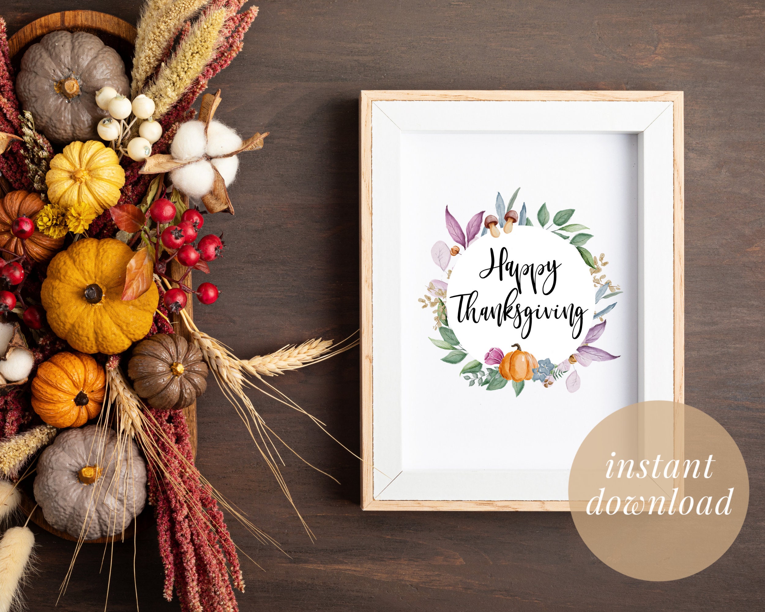 Happy Thanksgiving Fall Wreath Printable Wall Art | Thanksgiving ...