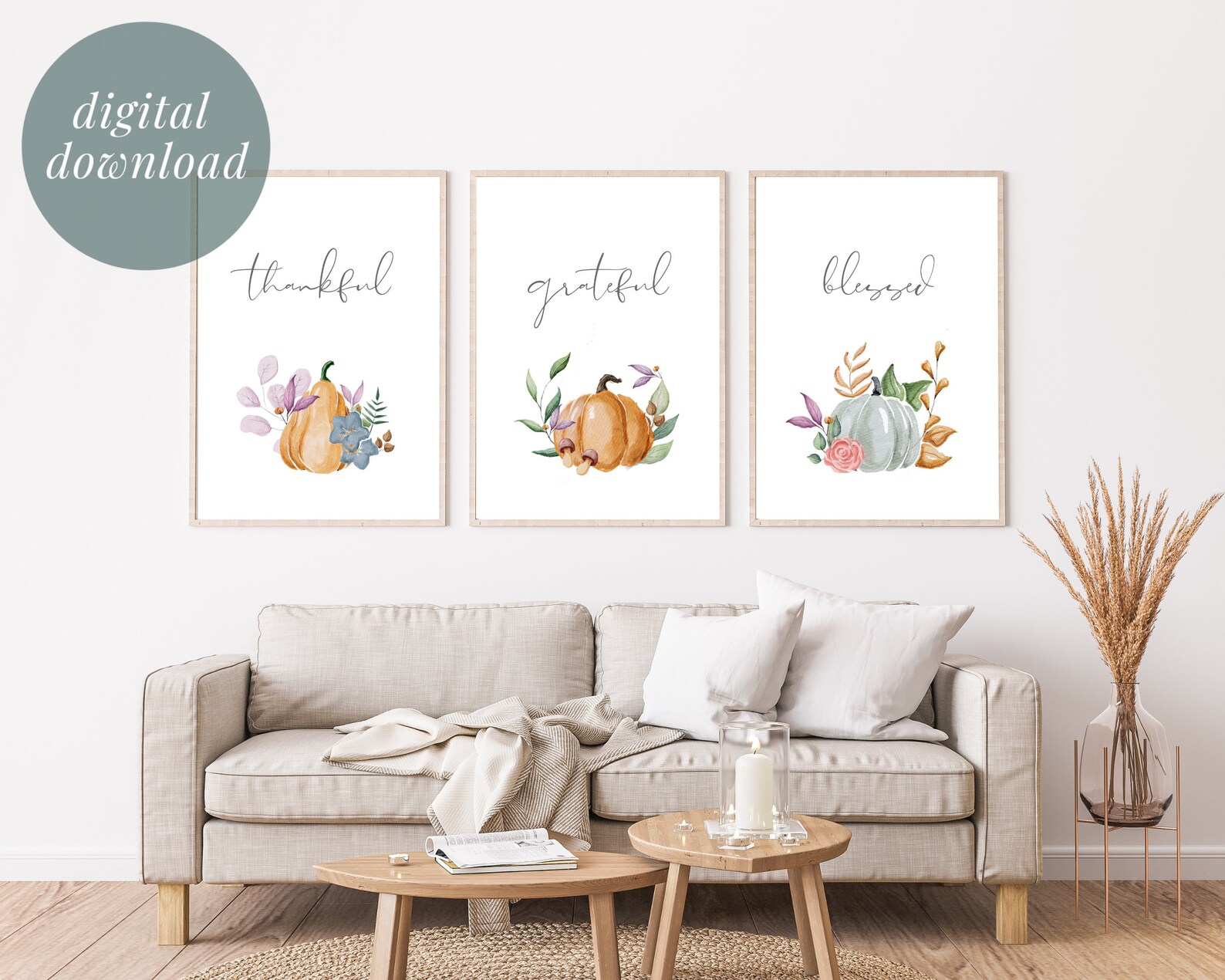 Thankful Grateful Blessed Printable | Thanksgiving Printable Wall Art ...