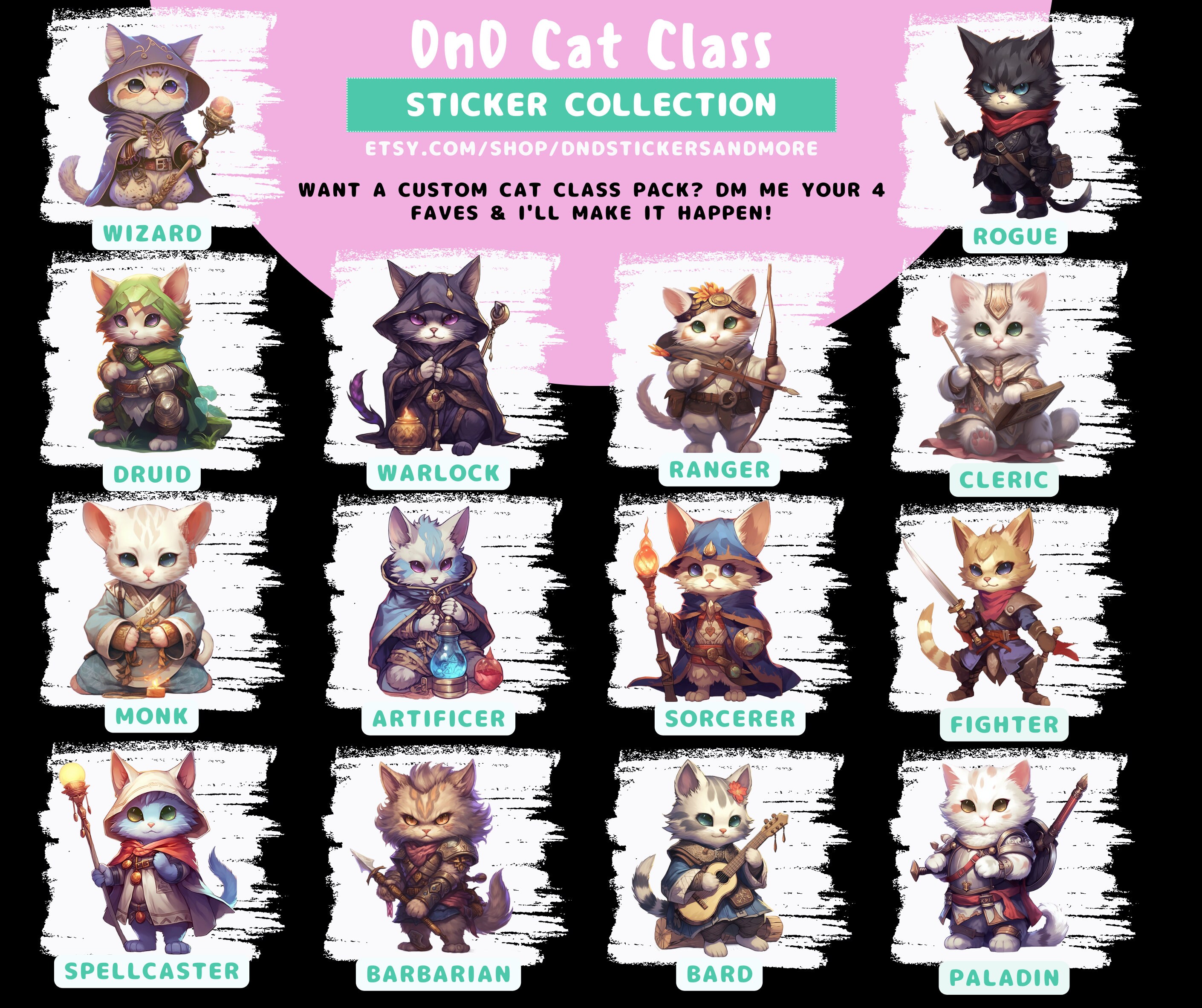 Dnd Stickers Dungeon Cats Set of 4 Sticker Pack: Druid, Fighter, Oracle ...