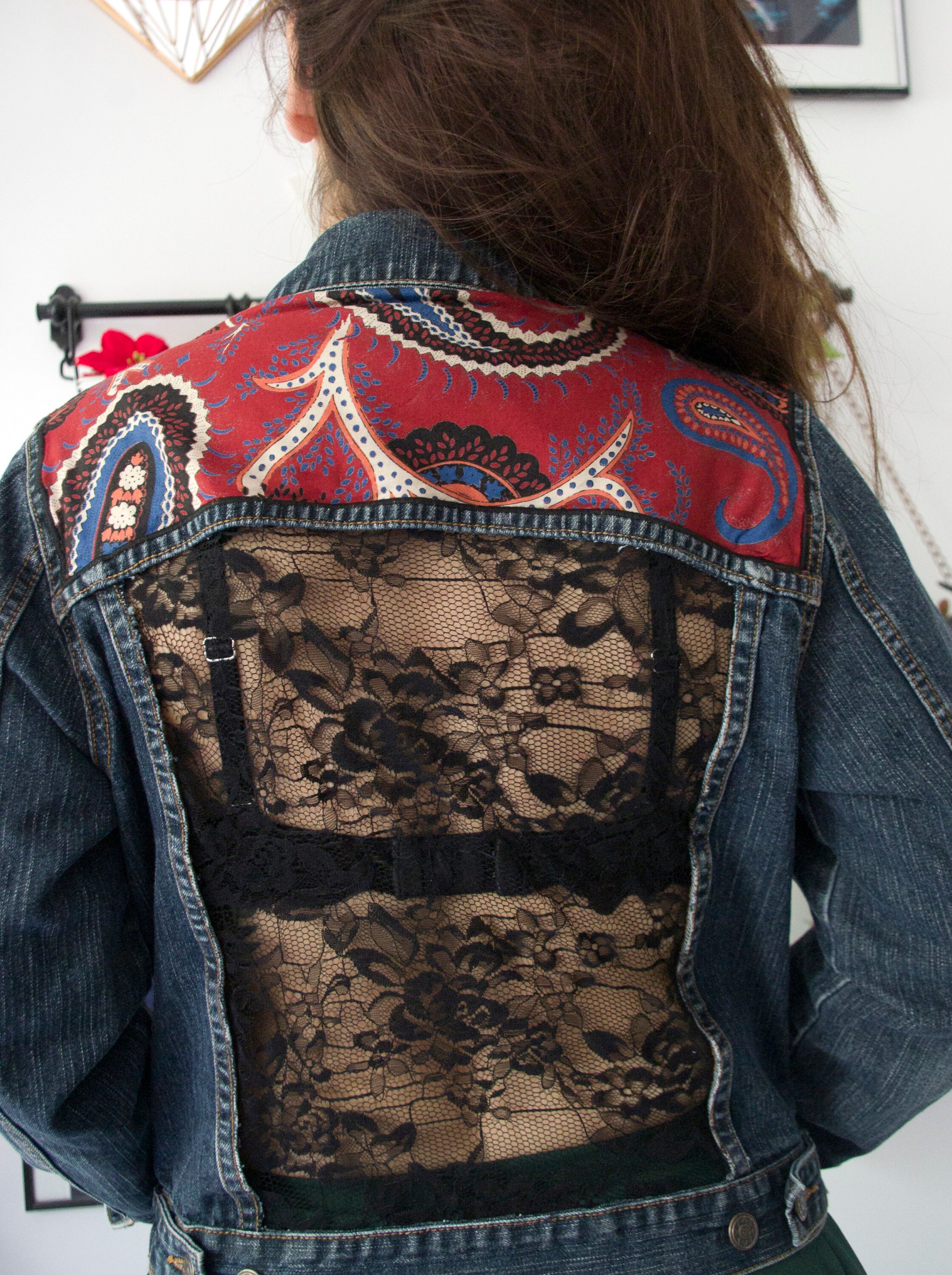 Customized boho denim jacket for woman with black lace | Etsy