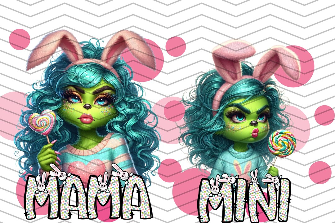 Mama and Mini Easter Bunny Mama Grouch , Mini Bunny Grouch Png, DTF ...