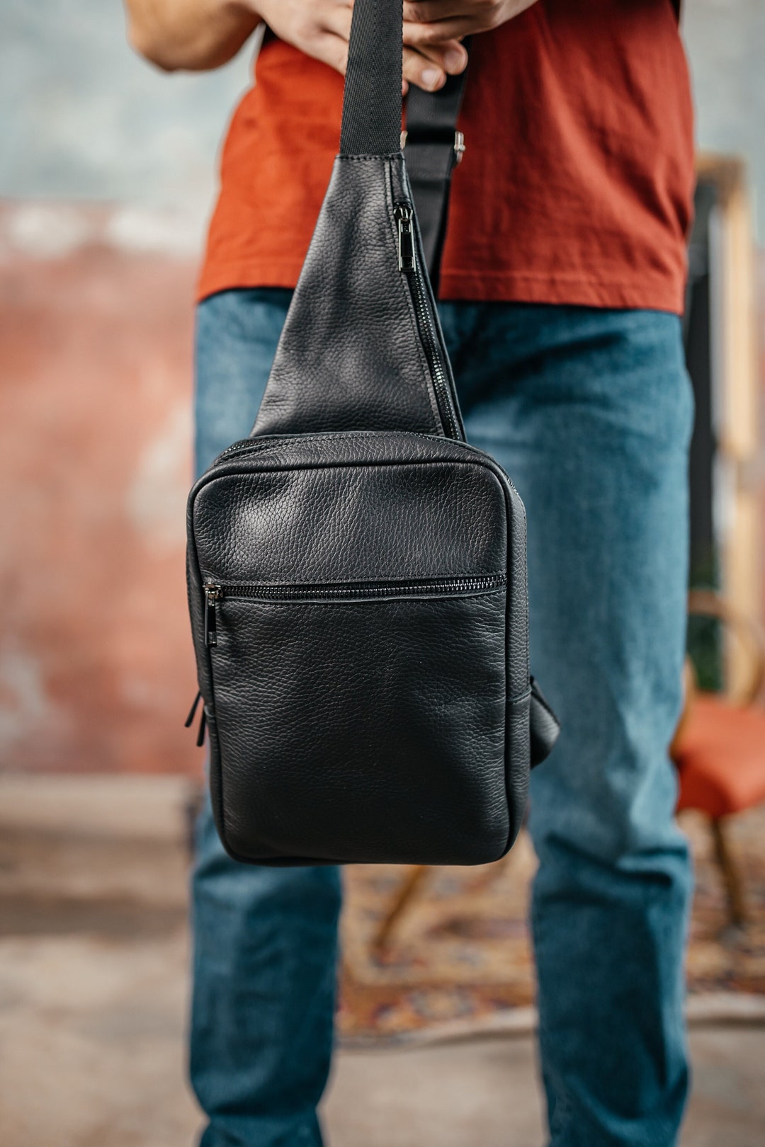 Leather Sling Bag Men Black, Mens Sling Bag, Men Crossbody Bag, Mens ...