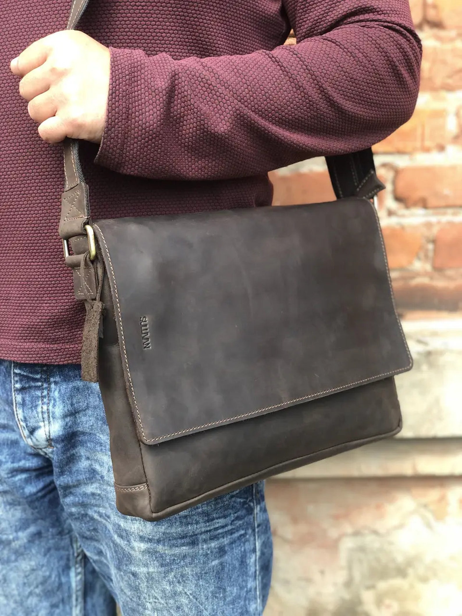 Men's Leather A4 Document Bag Brown, Mens Work Bag, Leather Shoulder ...