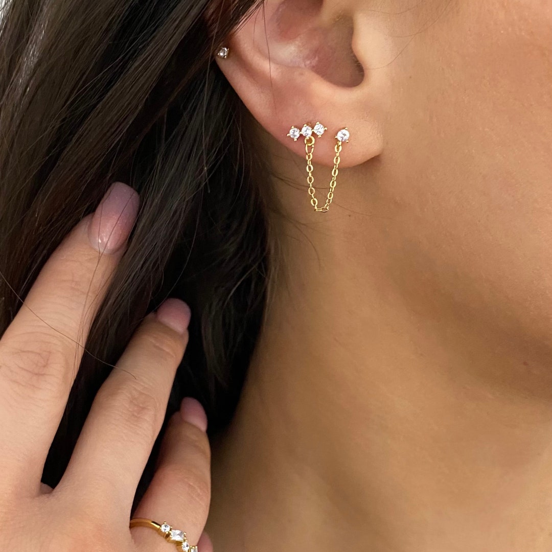 Double Piercing Earrings | 18K Gold Plated Earrings | Double Stud ...