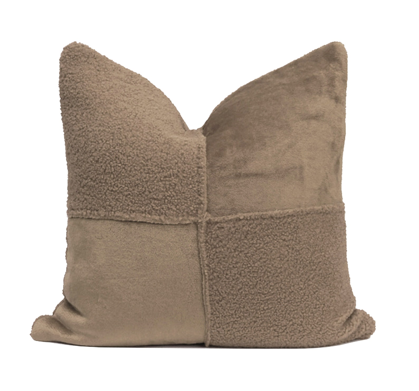 Viola Cream & Taupe Teddy Faux Fur Patchwork Throw Pillow Cover ...