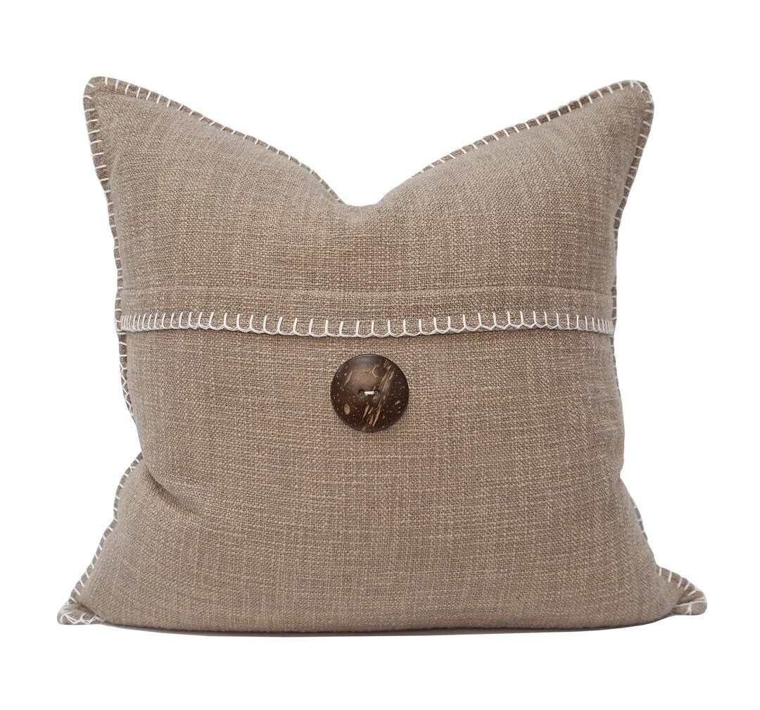 Wendy Button Taupe Whip Stitch Throw Pillow, Linen Look, Contemporary Designer Cushion, 20"x20 ...