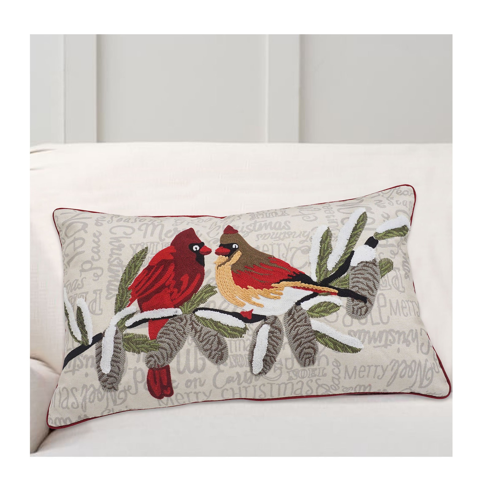 2 Cardinals, Red/natural, Printed Merry Christmas Pillow Lumbar ...