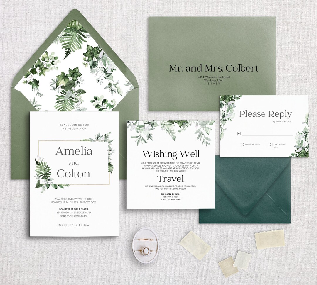 AMELIA Greenery Border Semi-custom Wedding Invitation Suite - Etsy