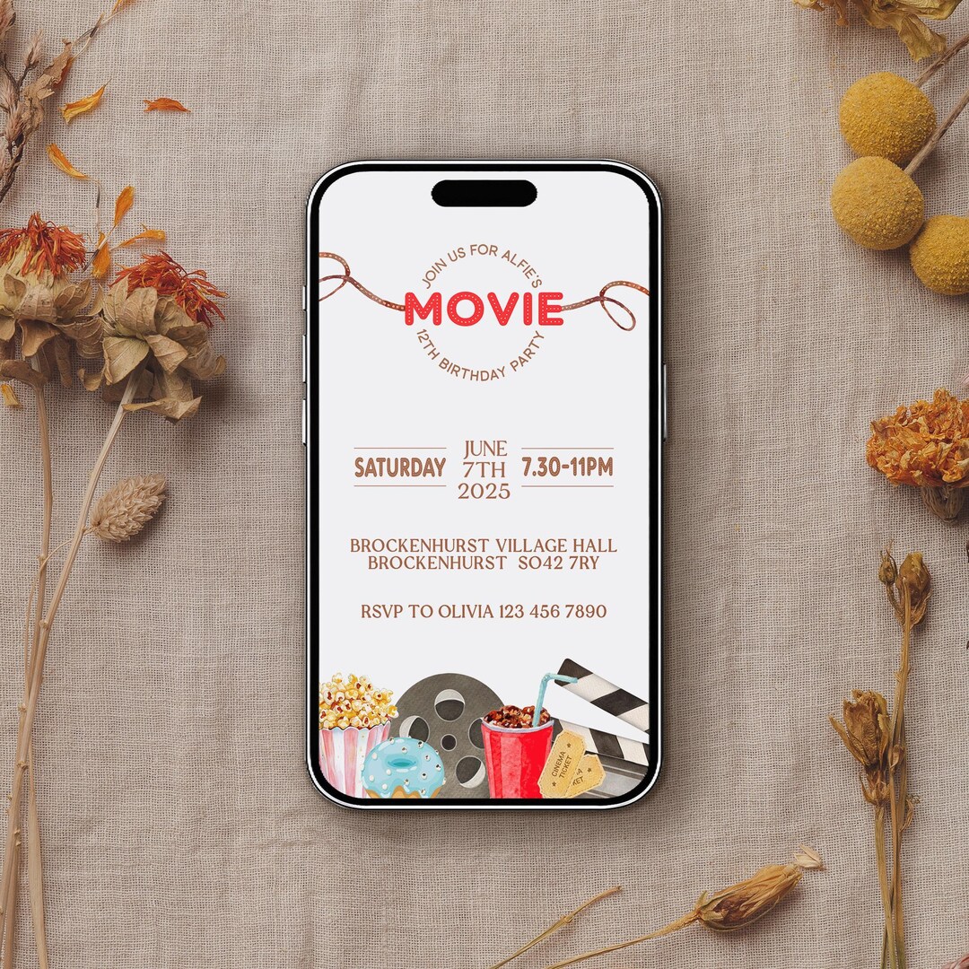DIGITAL: Movie Night Birthday Party Invitation for Mobile Phones ...