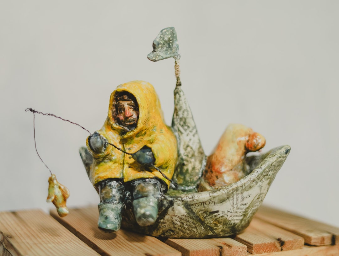 Paper Mache Fisherman and Dog Sculpture - Etsy