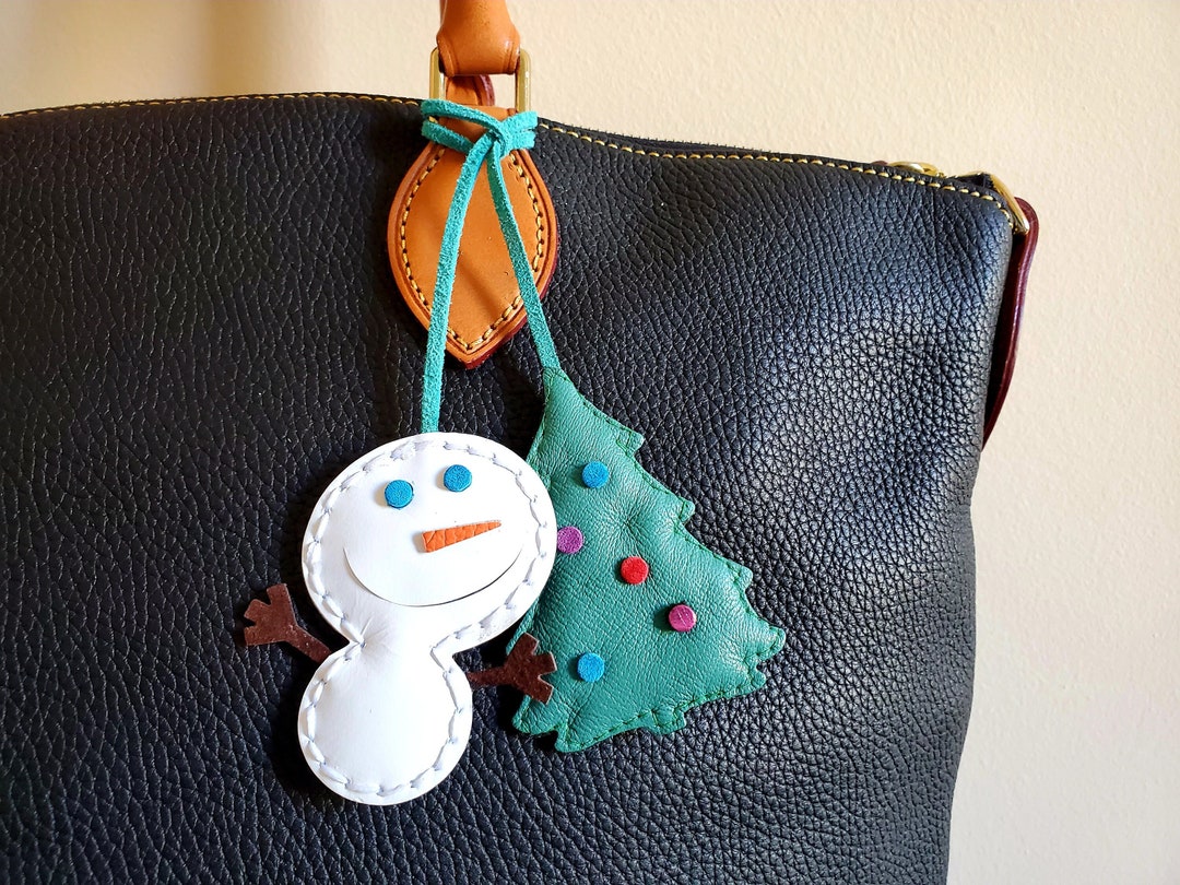 Christmas Tree Leather Bag Charm, Snowman Purse Charm, Holiday Handbag ...