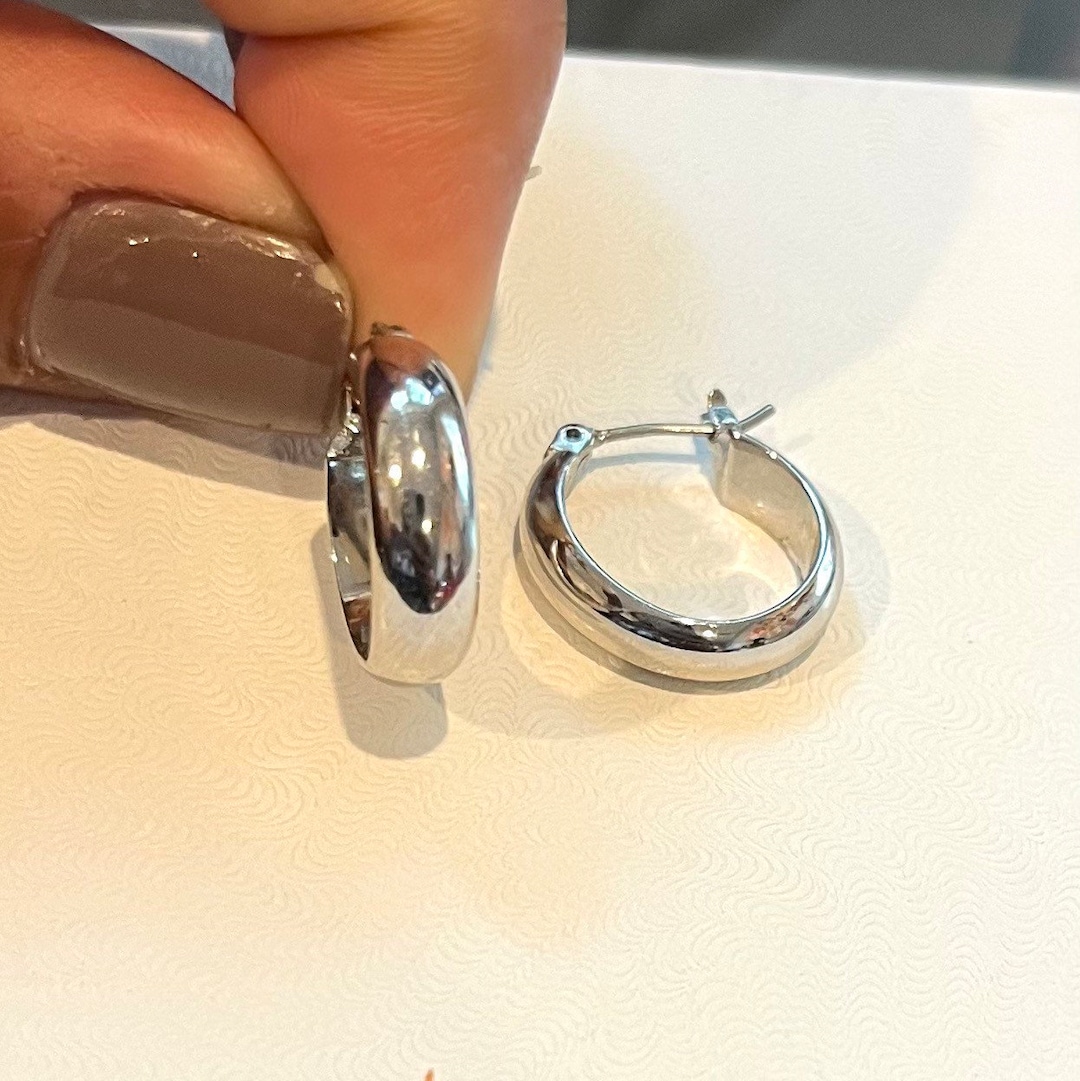 18K White Gold Plated Wide Thick Bold Chunk Stainless Steel Huggie Hoop ...