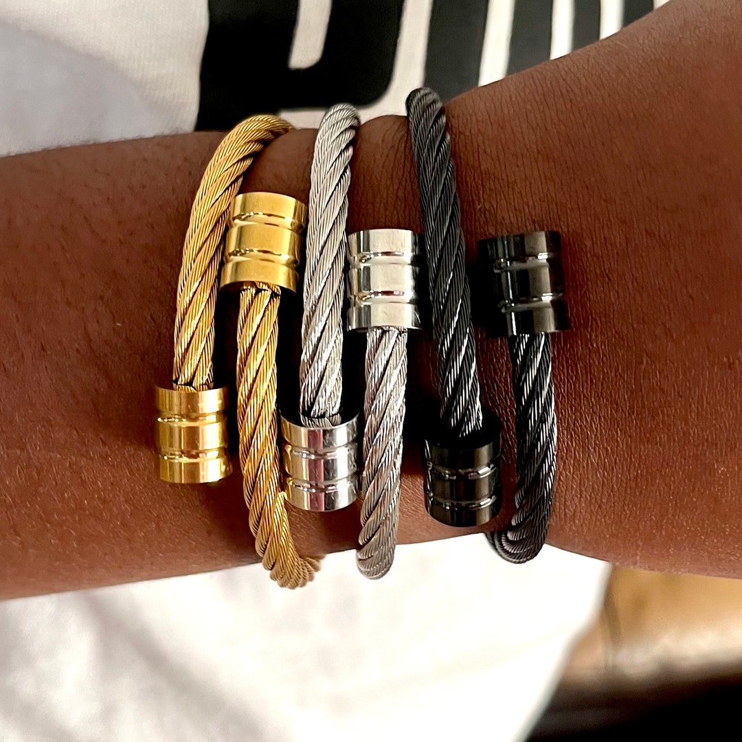 Titanium Cable Cuff Bracelet for Men & Women Twisted Stack Open Cable ...