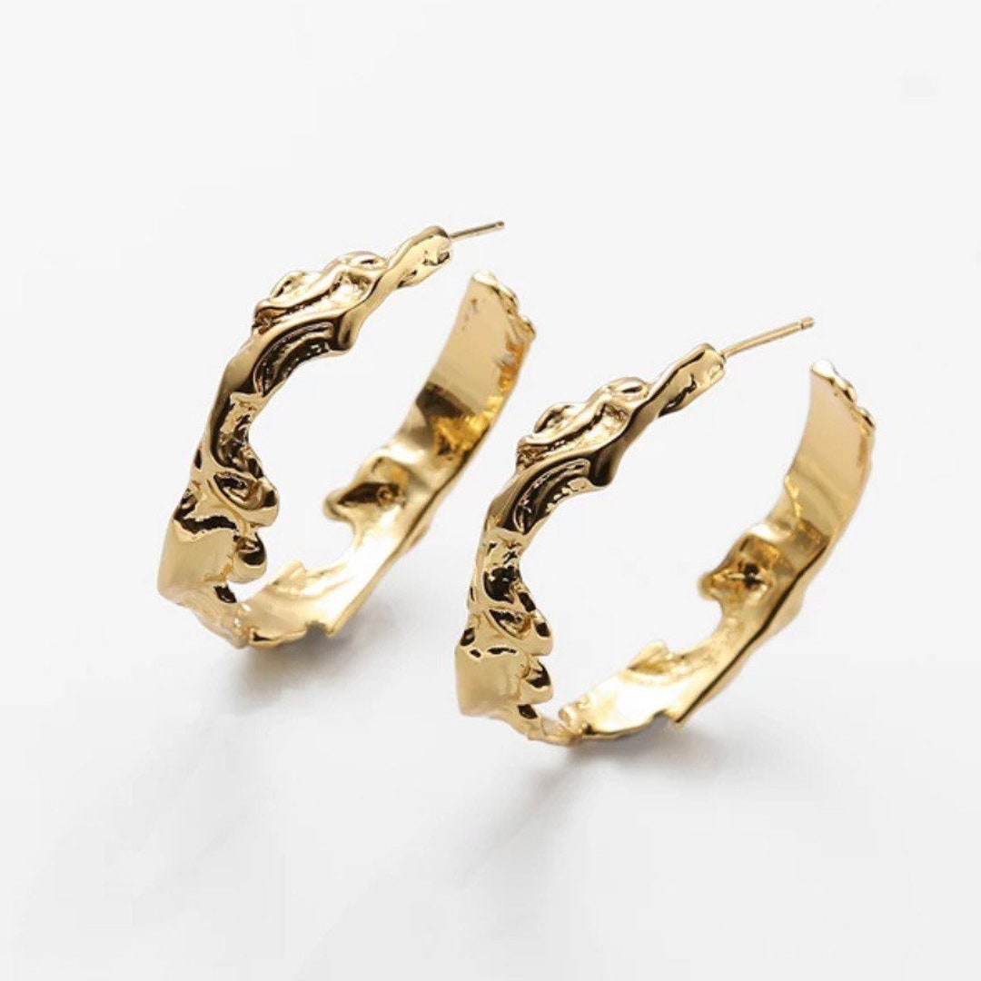 18k Gold Plated Abstract Hoop Earrings, Chunky Gold Hoop Earring, Wide ...