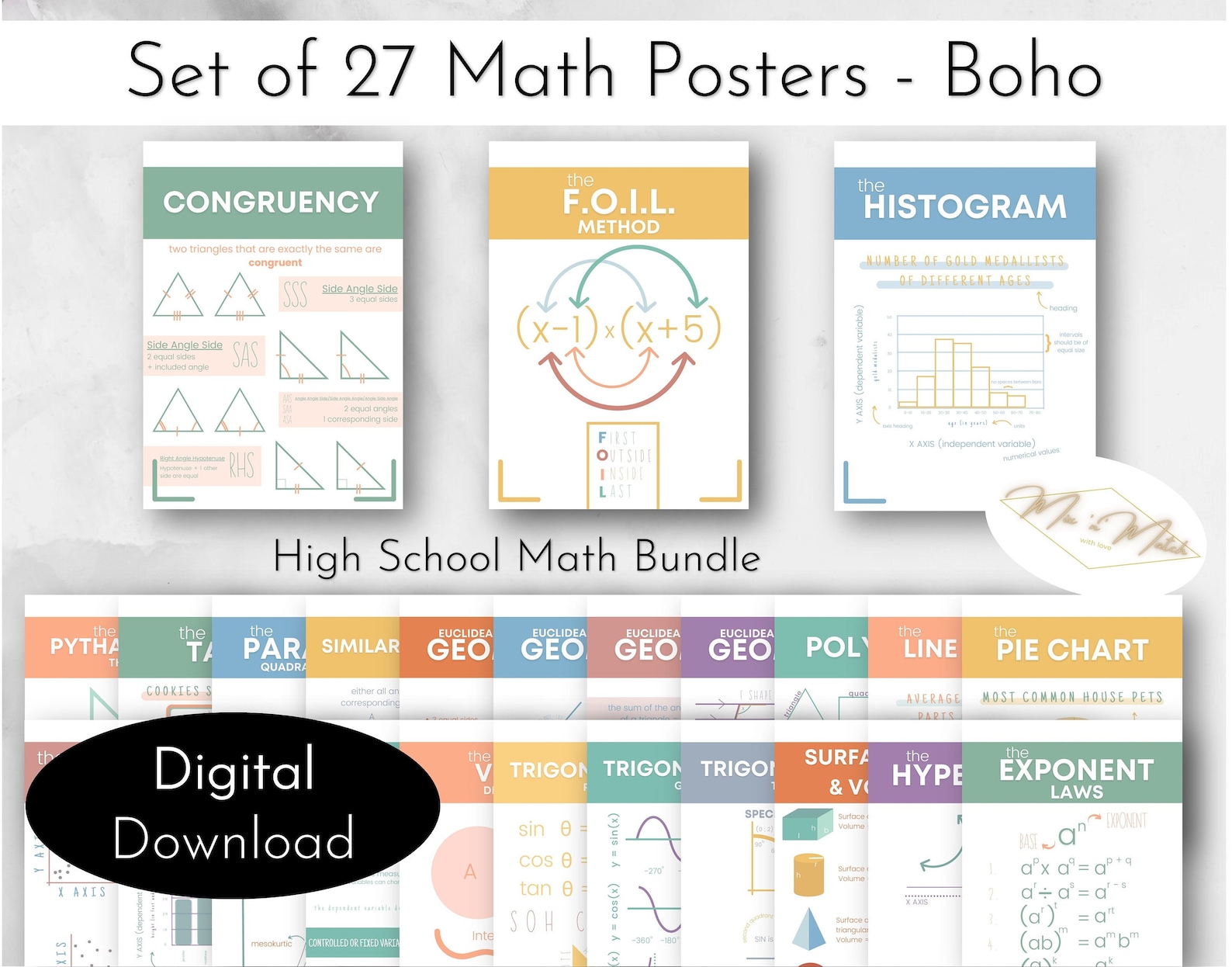 Math Classroom Bundle Posters Bundle Set Boho Neutral Prints Math Class ...