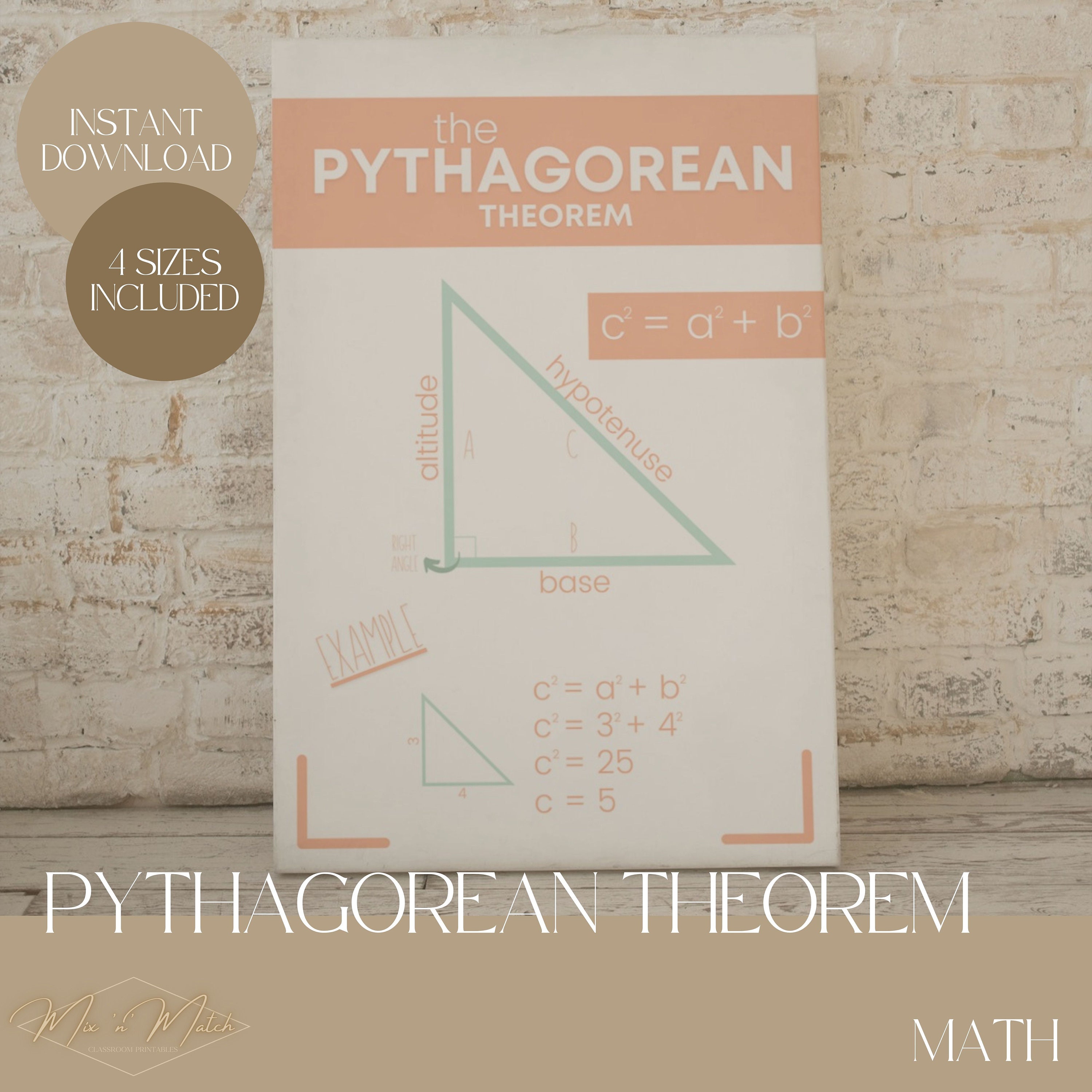 Pythagorean Theorem Printable Math Classroom Decor Triangles Boho ...