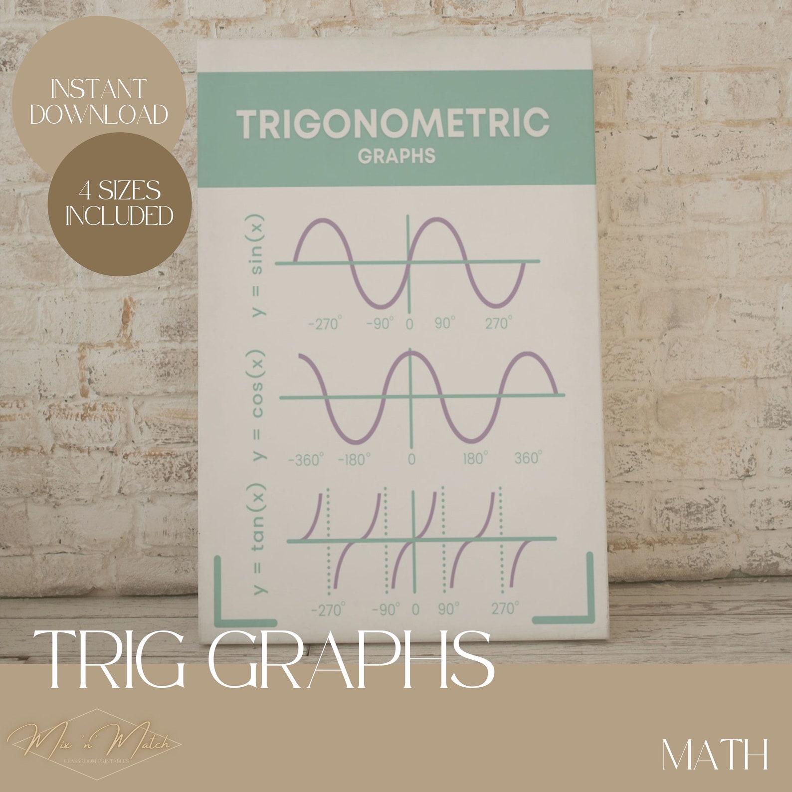 Trigonometric Graphs Printable Math Classroom Decor Boho Neutral Prints ...