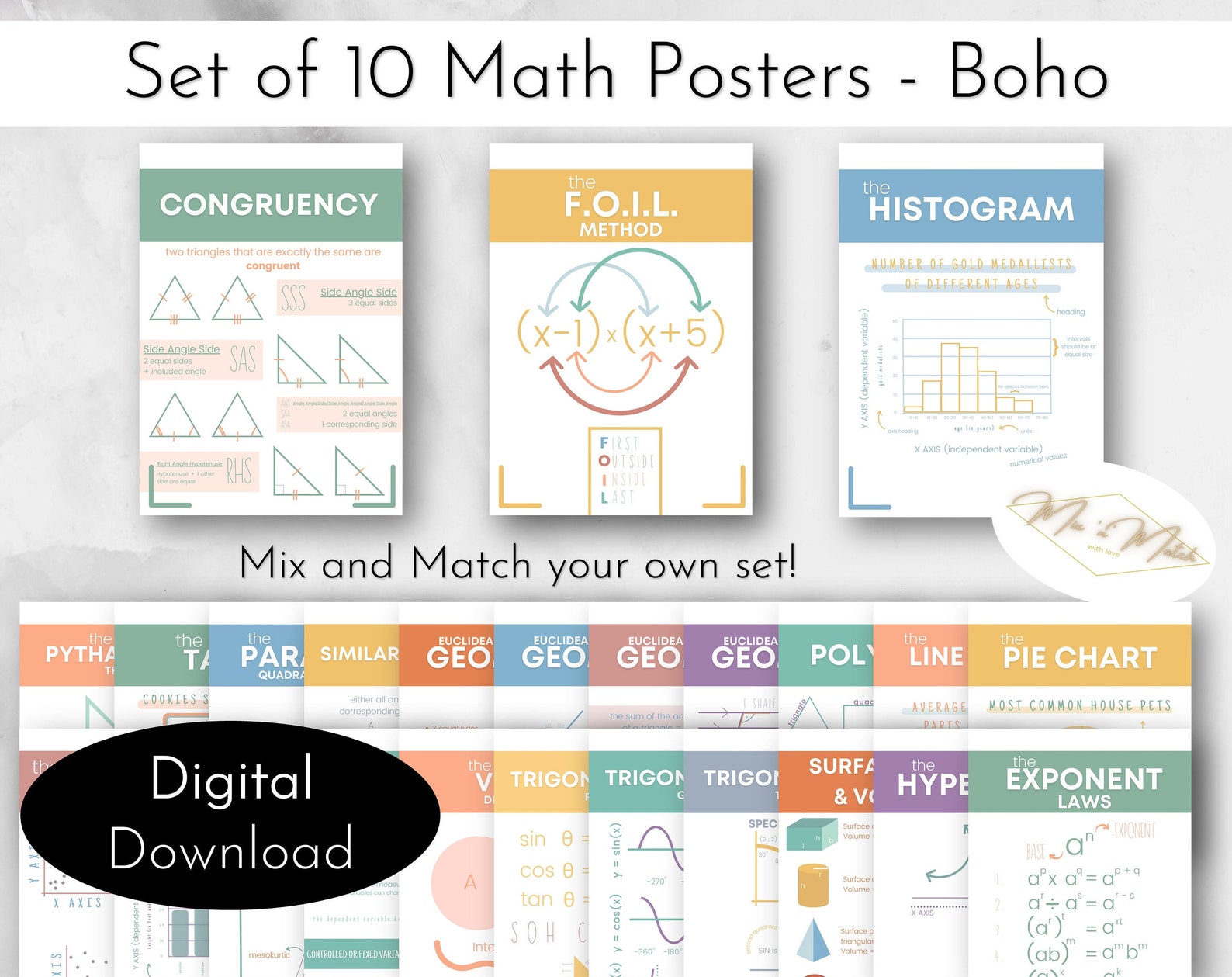 Math Classroom Posters Set of 10 Boho Neutral Prints Mix and - Etsy