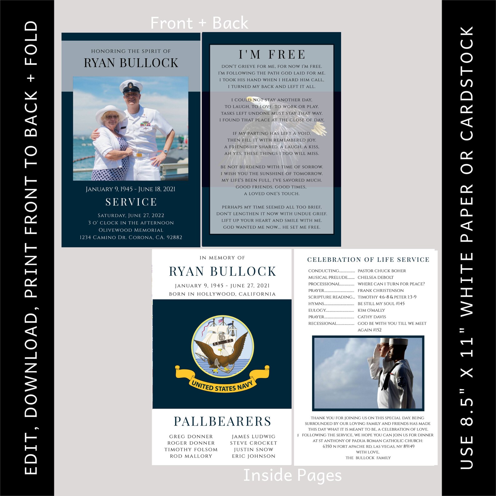US Navy Veteran Funeral Program Template Navy Flag Printable | Etsy