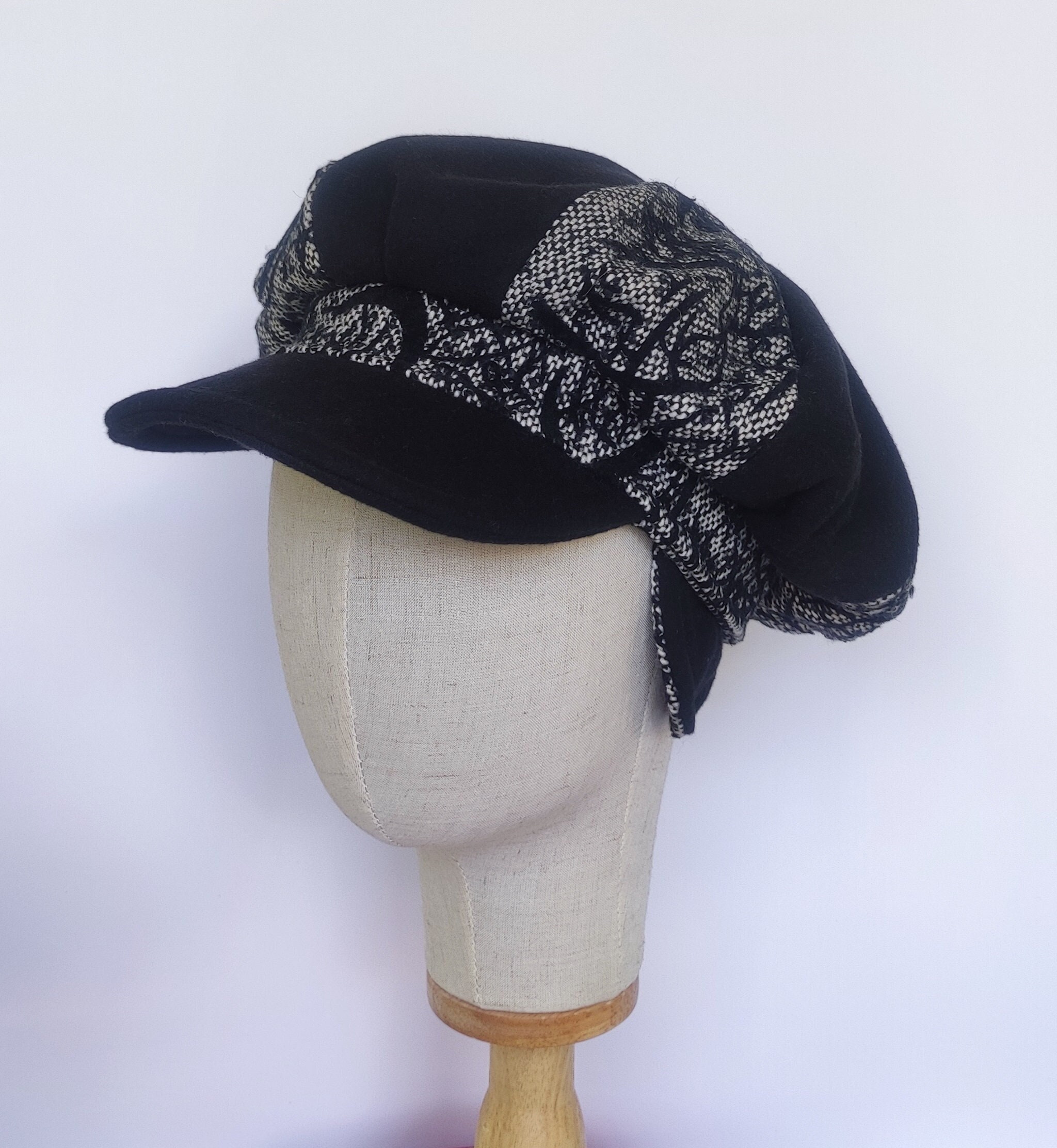 Patchwork Newsboy Cap Lined Winter Hat Ear Flaps Cap Wool Baker Boy Hat ...