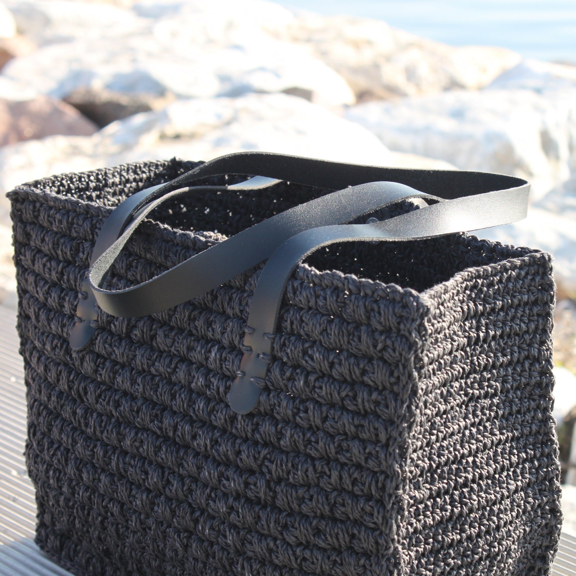 Black Raffia Bag, Large Raffia Shoulder Bag, Dark Gray Raffia Bag ...