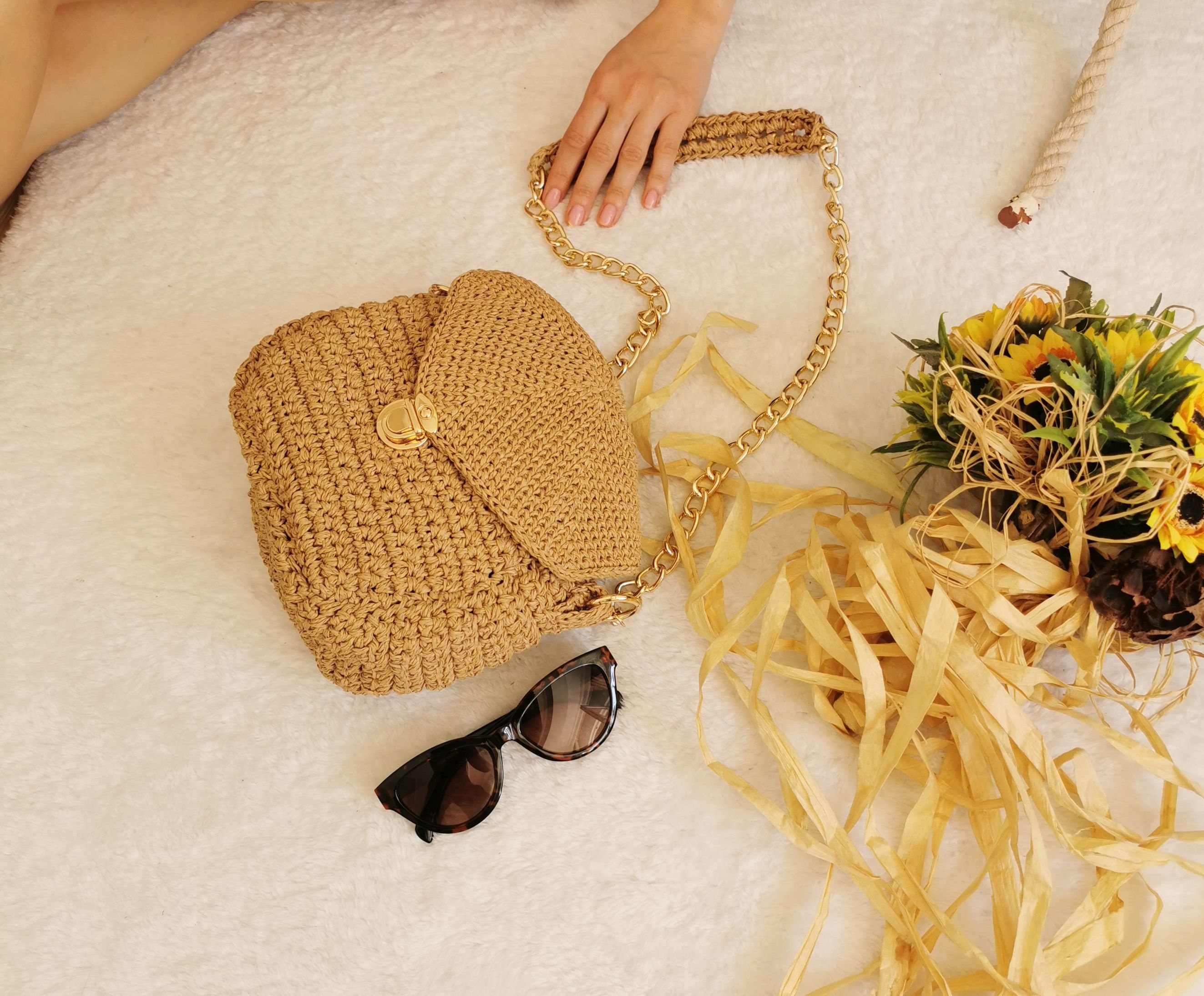 Raffia Bag, Handmade Summer Raffia Bag, Crochet Raffia Clutch in ...