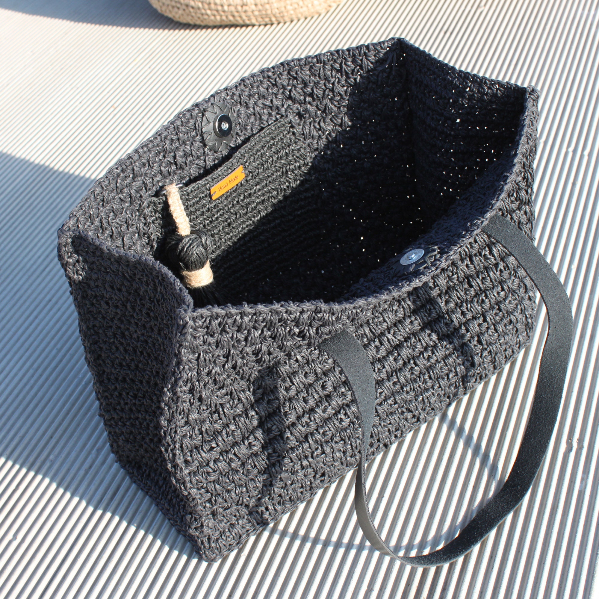Black Raffia Bag, Large Raffia Shoulder Bag, Dark Gray Raffia Bag ...