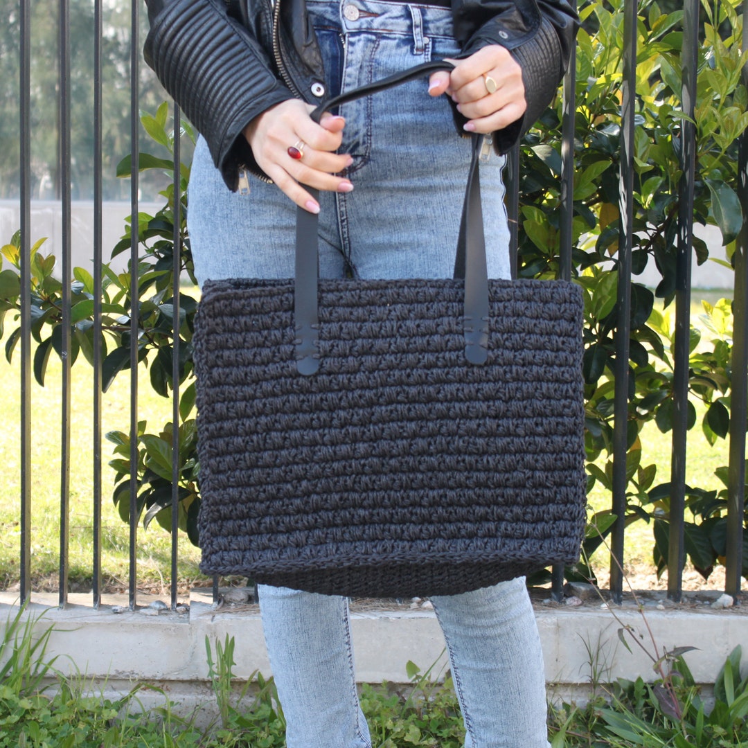 Black Raffia Bag, Large Raffia Shoulder Bag, Dark Gray Raffia Bag ...