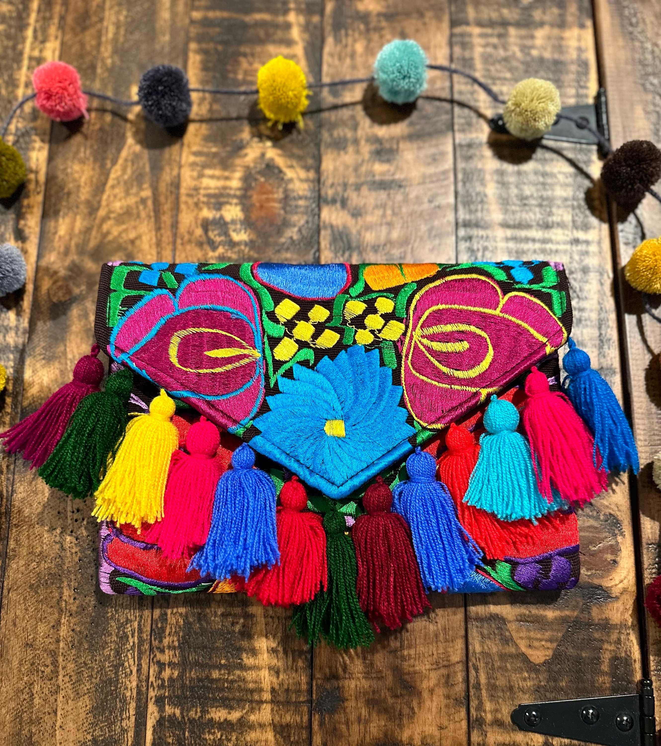 Embroidered Floral Mexican Crossbody Clutch With Tassels - Etsy