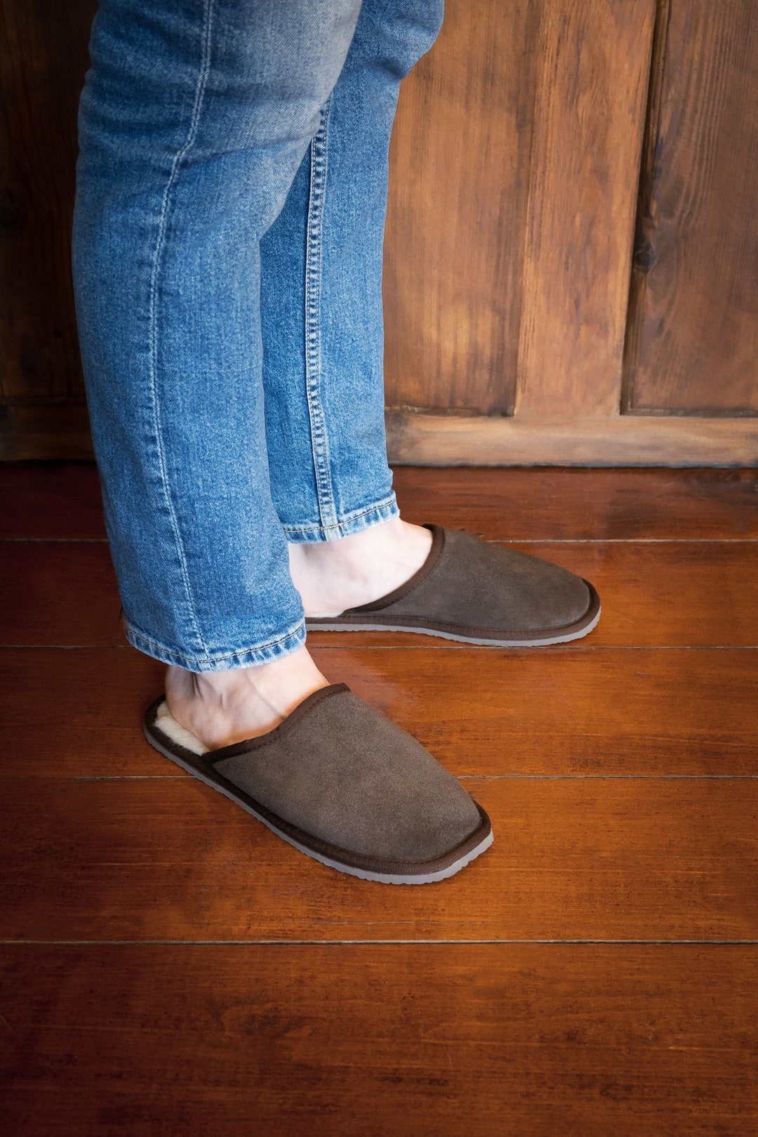 Men's Sheepskin Slippers Brown Winter Scuffs Comfortable Soft Suede ...
