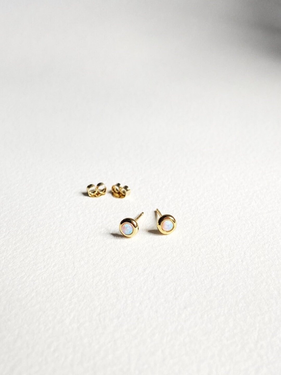 Round White Opal Gold Studs - No Take off Earring,non Tarnish,no Color ...
