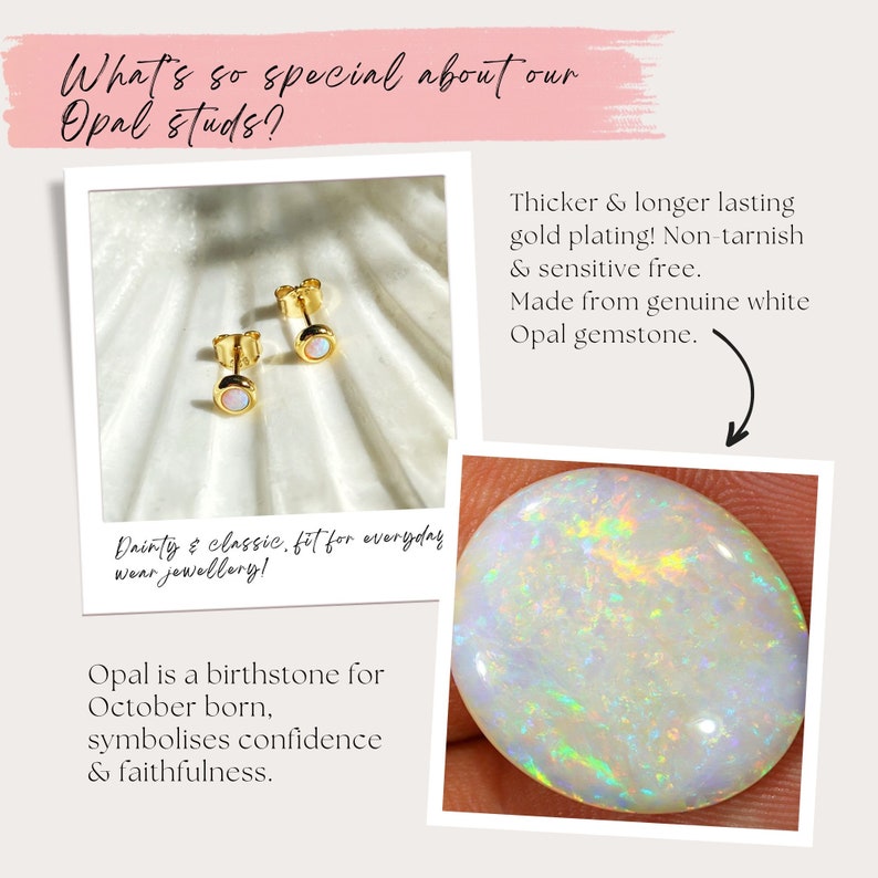 Round White Opal Gold Studs - No Take off Earring,non Tarnish,no Color ...