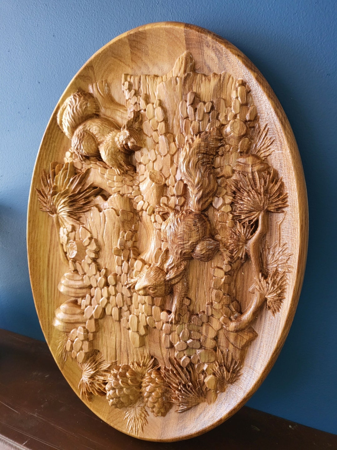 Squirrels Oval White Oak Wood Carving - Etsy